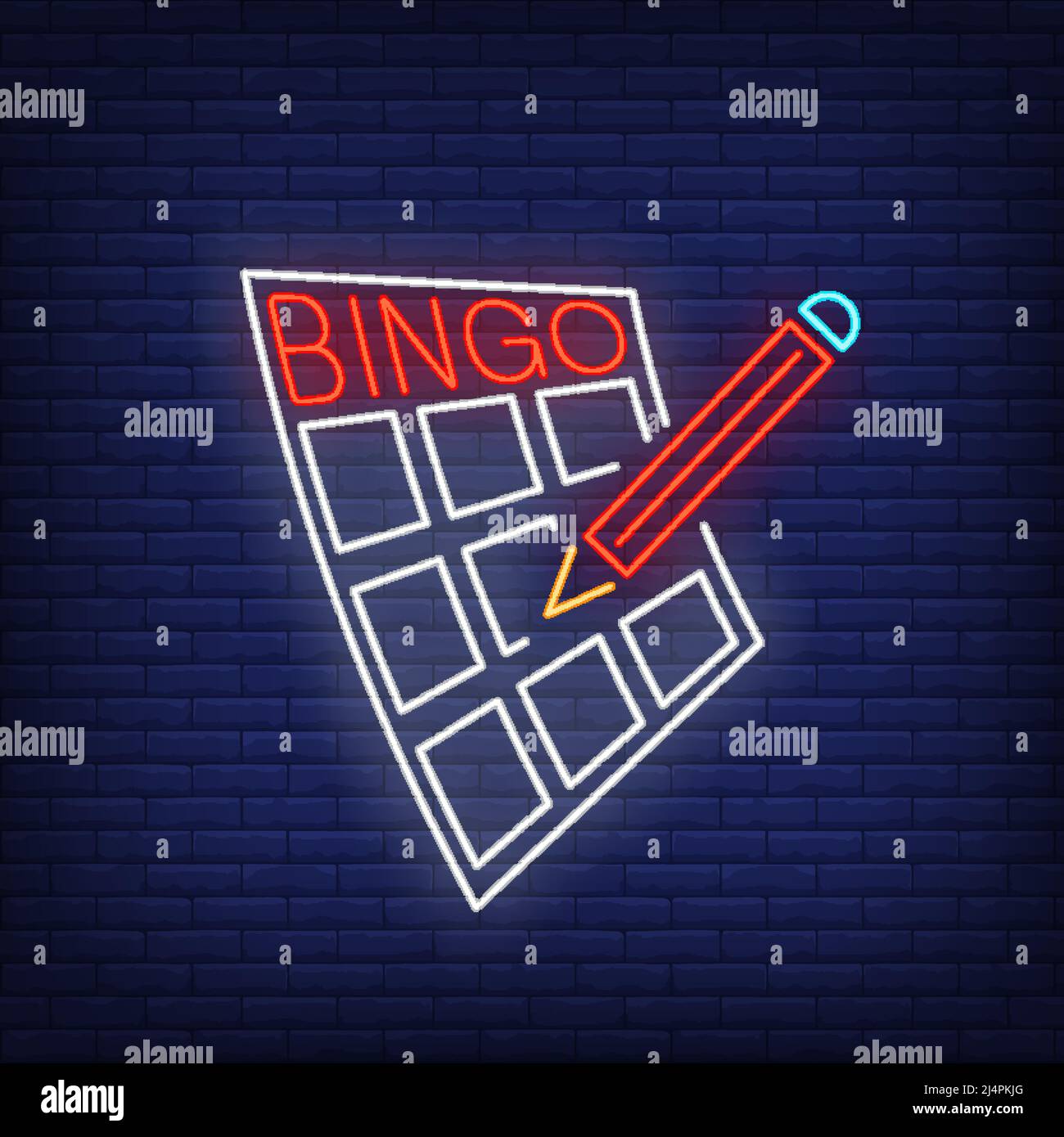 Bingo neon lettering on card and pencil. Gamble, lotto, entertainment ...