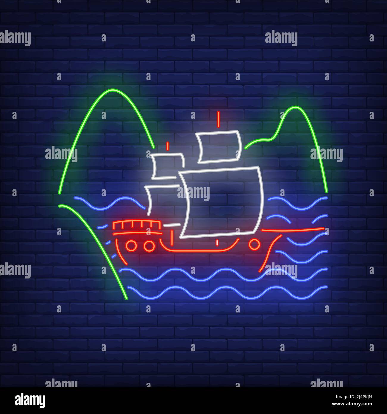 Sailing ship floating on sea waves neon sign. Adventure, vessel ...