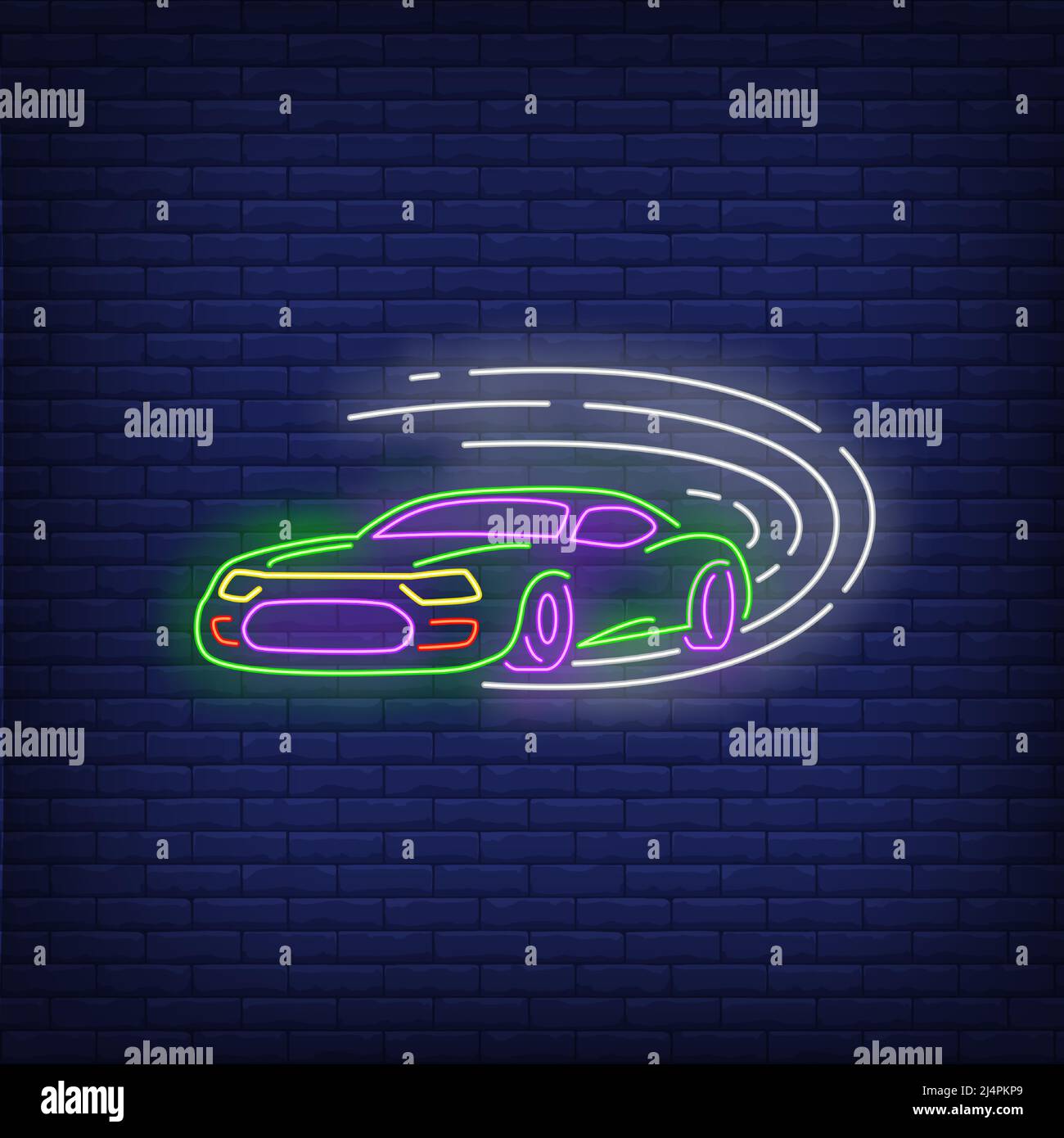 Sport car driving fast neon sign. Glowing neon automobile. Race ...
