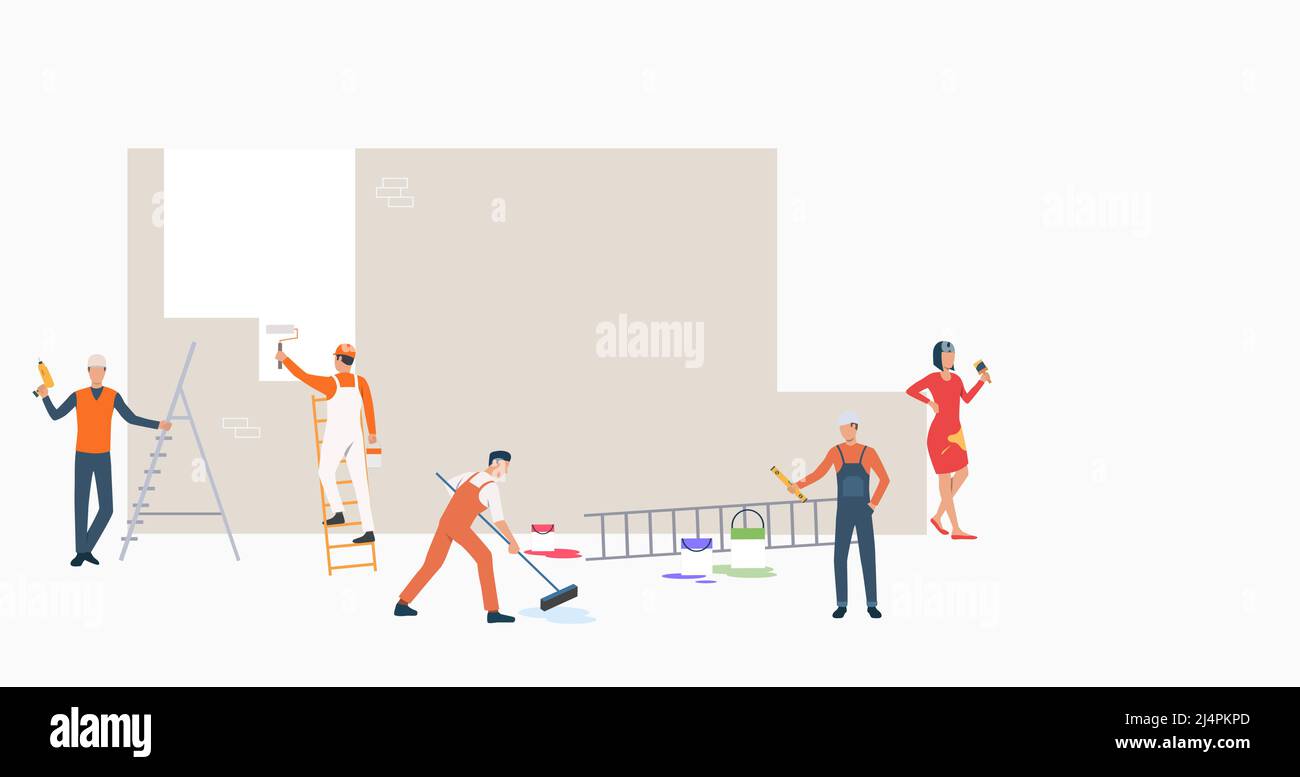 Group of builders with tools painting wall. Male and female cartoon ...