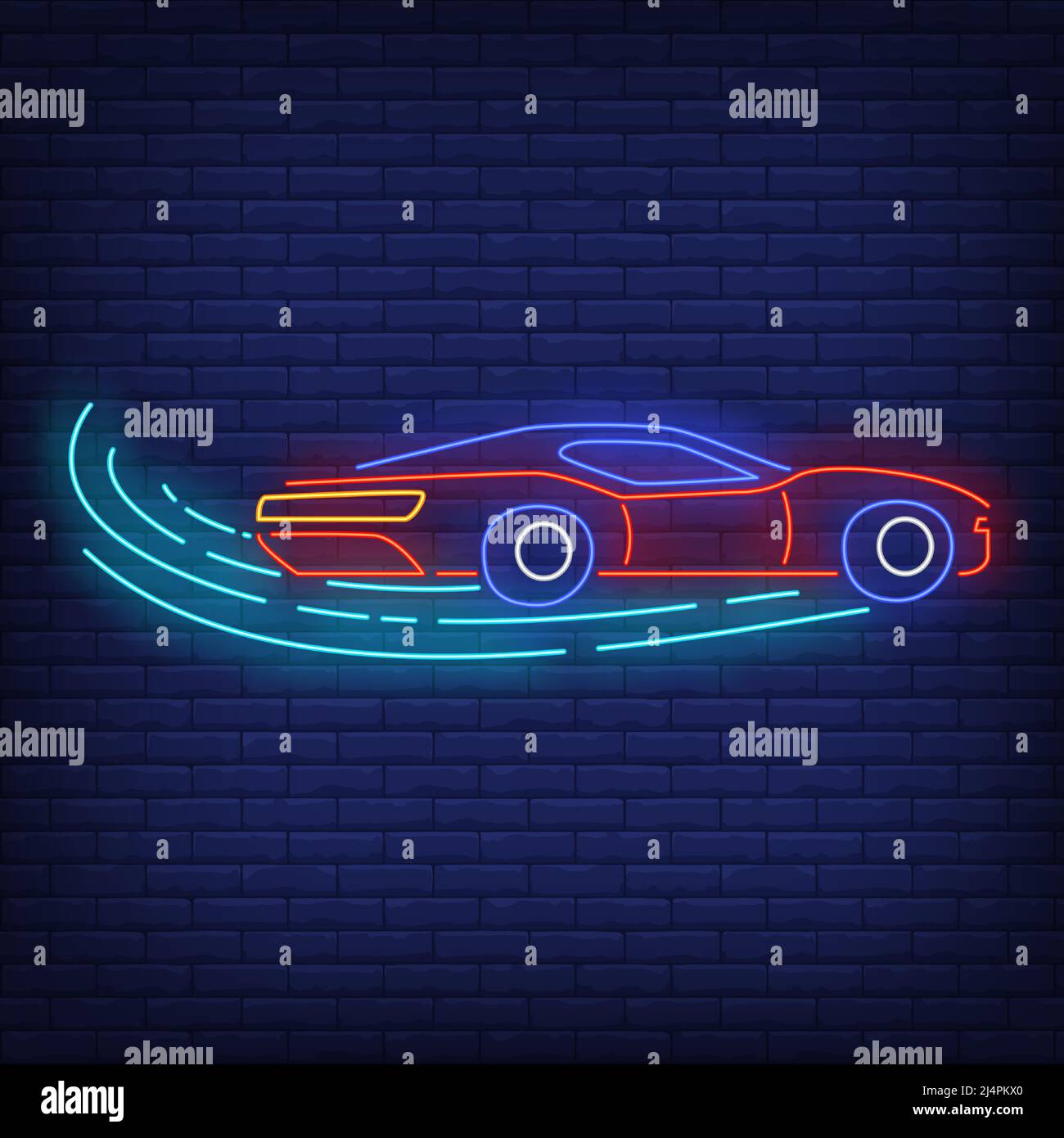Sport car increasing speed in neon style. Glowing neon automobile. Race ...