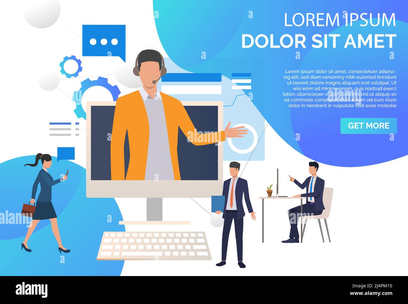 Operator wearing headset and consulting clients. Computer, assistance ...