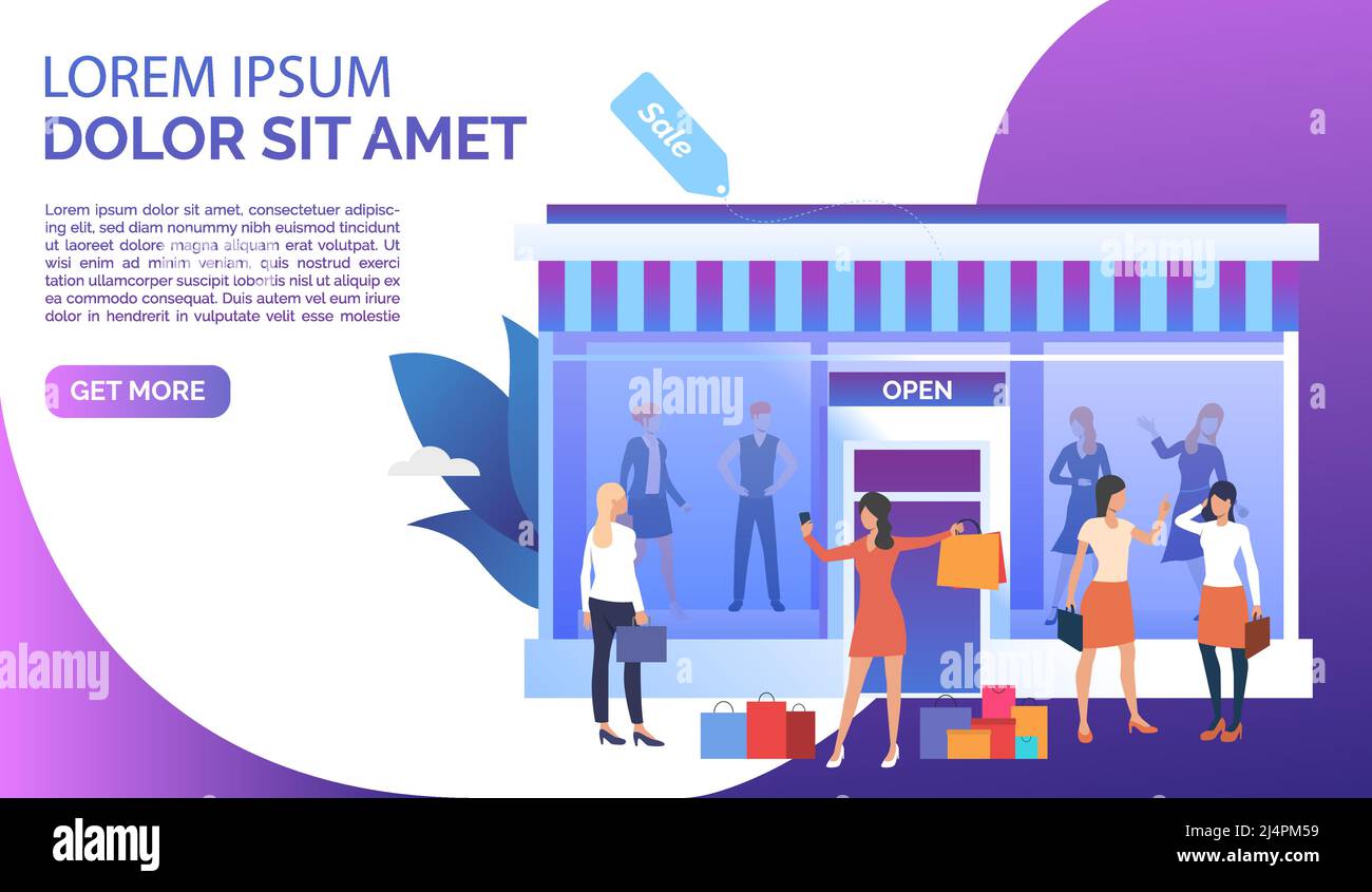 Buyers standing with shopping bags near shop front. Fashion outlet ...