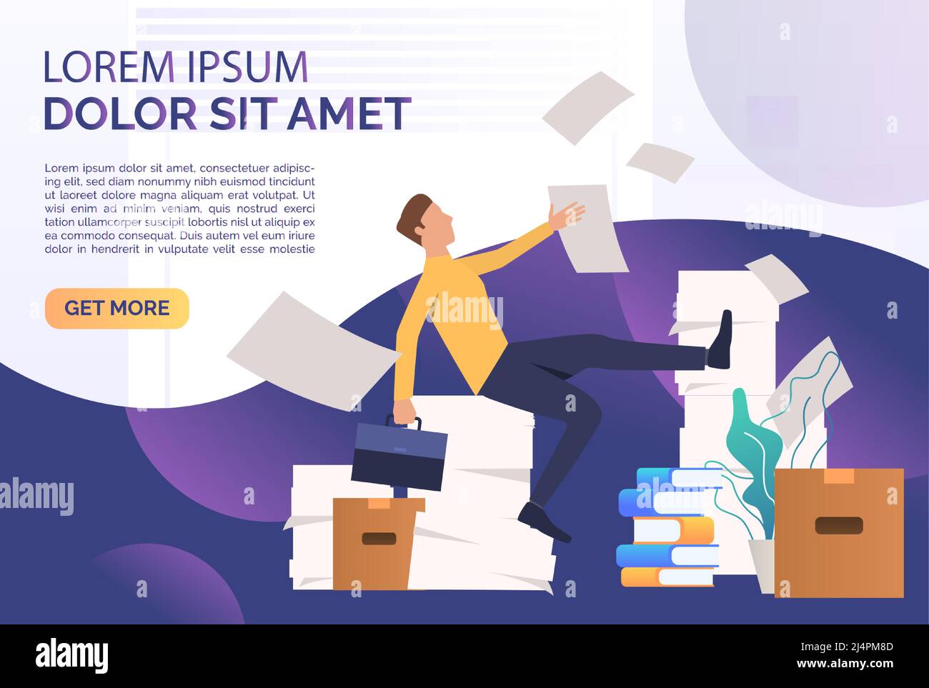 Office man doing paper work landing template. Mess, paper piles ...