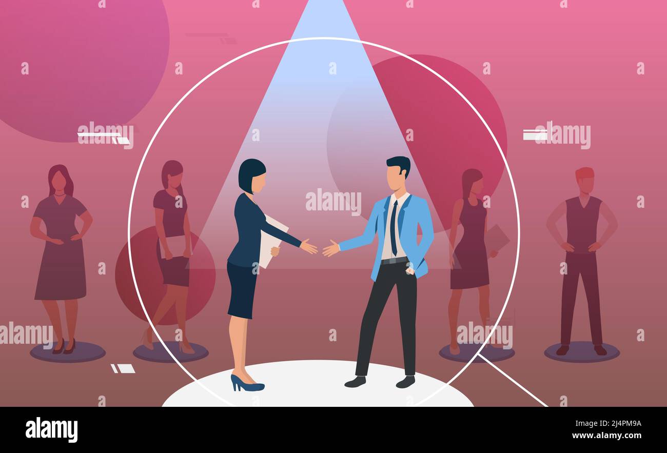 Man and woman standing under spotlight and handshaking. Magnifying ...