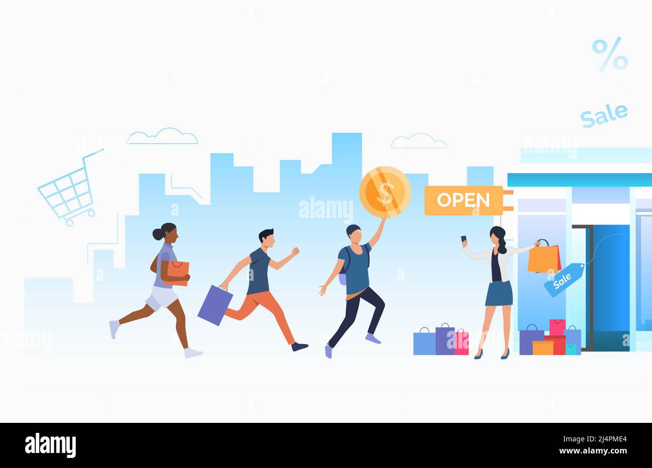 Shopaholics rushing to super discount. Male and female cartoon ...