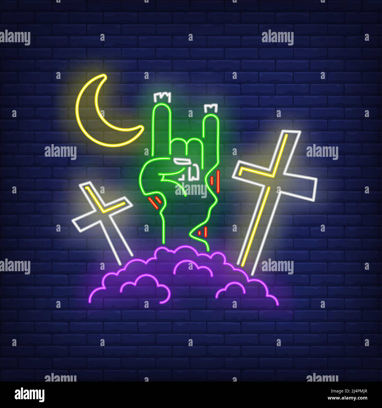 Graveyard with devil horn zombie hand gesture neon sign. Halloween ...