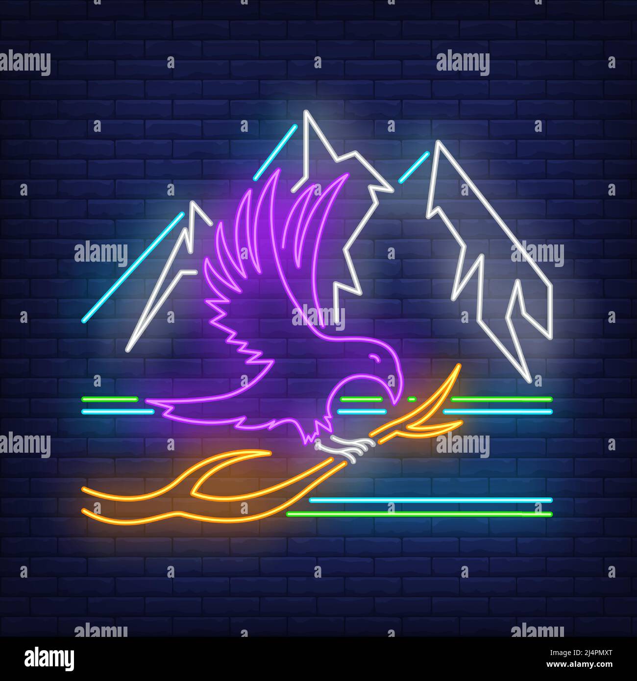 Crow sitting on branch and mountains neon sign. Bird, mystery ...