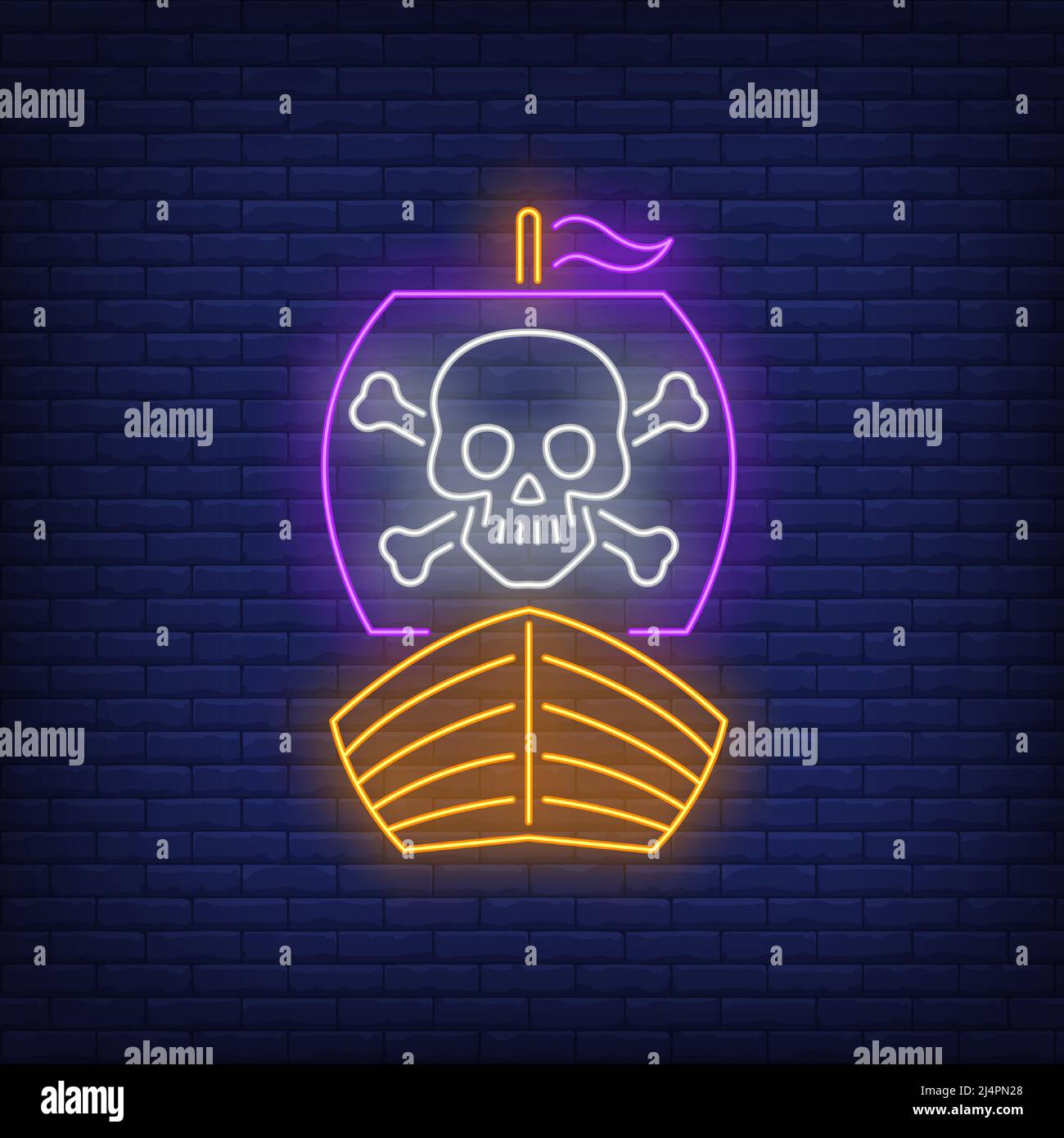 Pirate ship with skull and crossbones on sail neon sign. Adventure ...