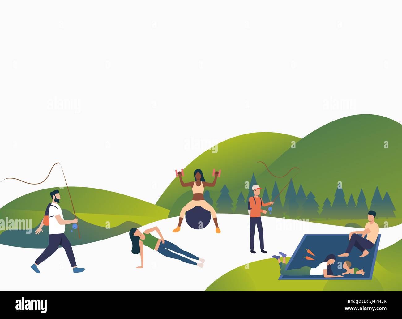 Active people relaxing in open air. Male and female cartoon characters ...