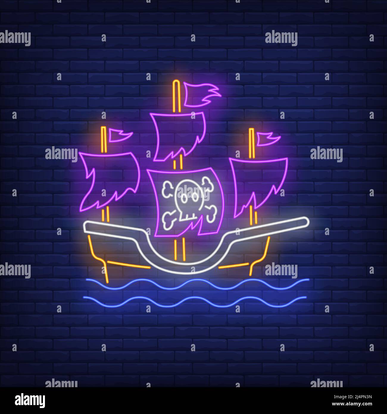 Pirate ship with torn sails neon sign. Adventure, vessel, danger design ...