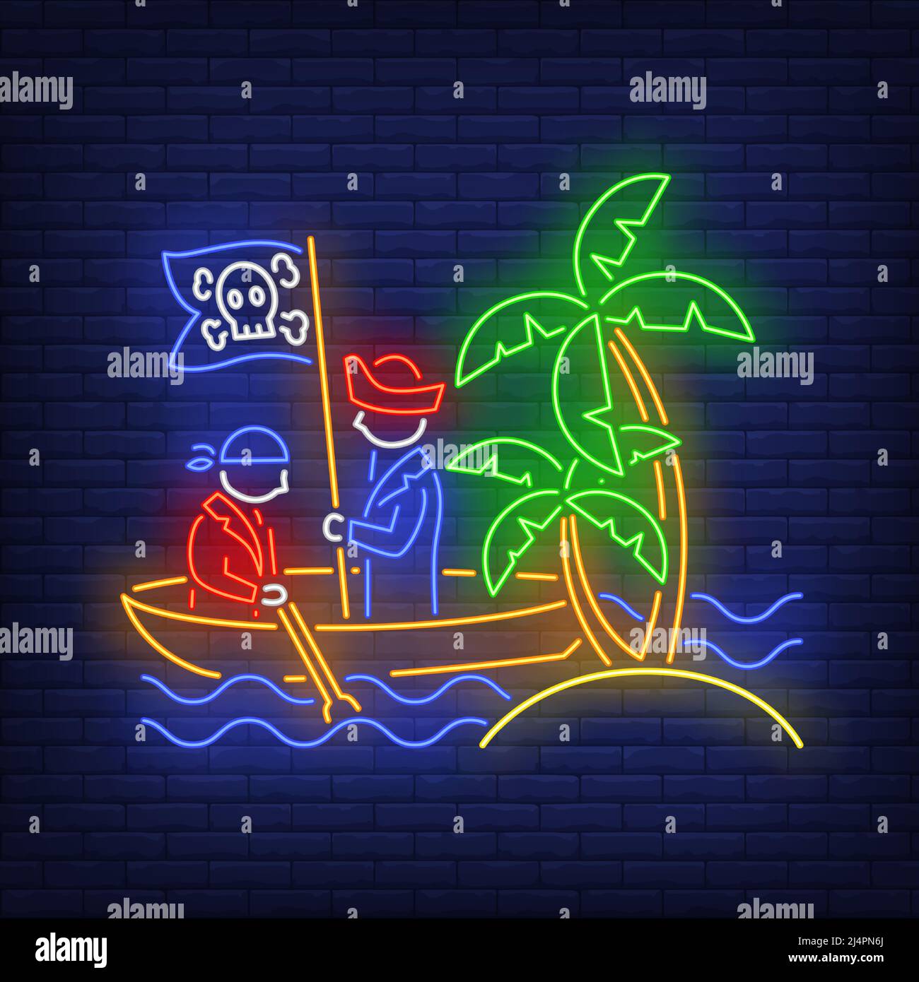 Pirates on boat and island with palm trees neon sign. Adventure, vessel ...