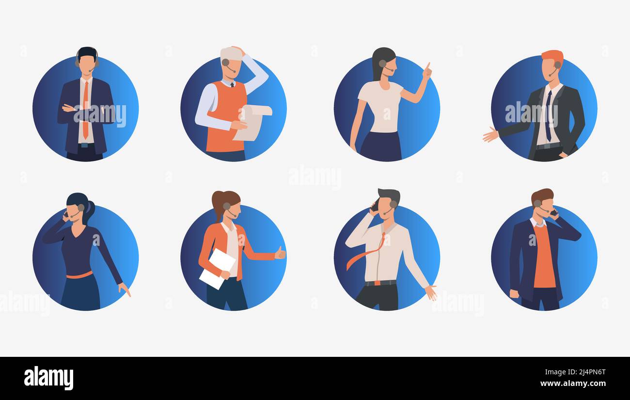 Call center workers with headset. Male and female customer support ...