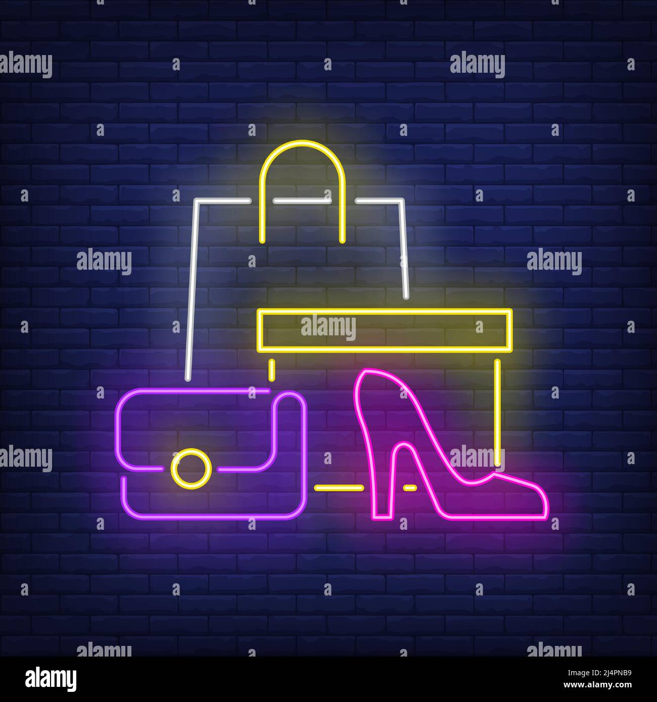 Shopping bag, box, woman heeled shoe neon sign. Retail, marketing, sale ...