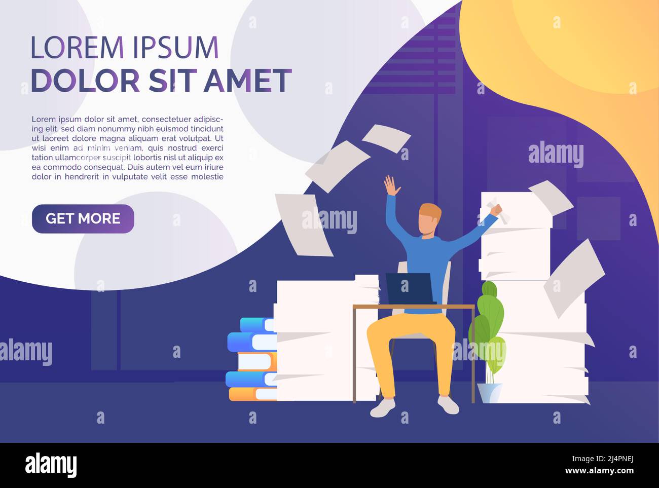 Office man coping with paper work landing template. Mess, paper piles ...