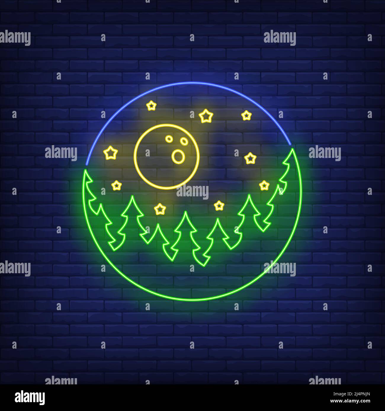 View through telescope with forest, stars and moon neon sign. Astronomy ...