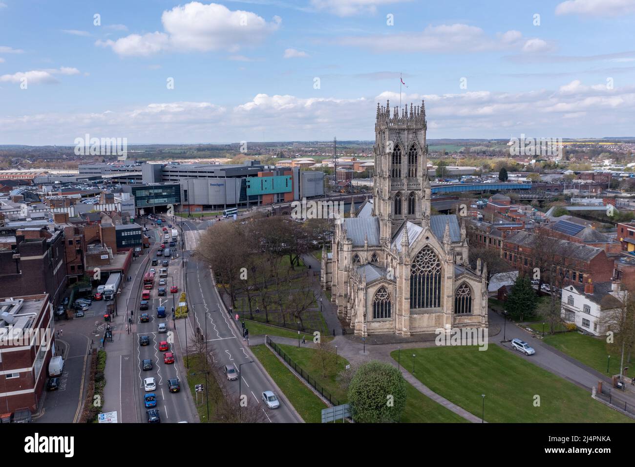 An aerial landscape view of The Minster Church of St George in a ...