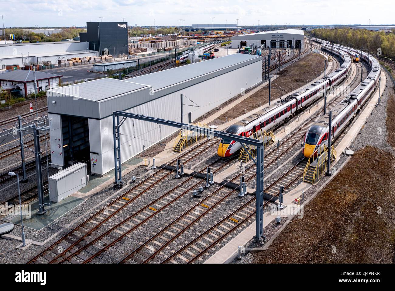 Aerial view of Hitachi Azuma Class 800 Bi Modal passenger trains under ...