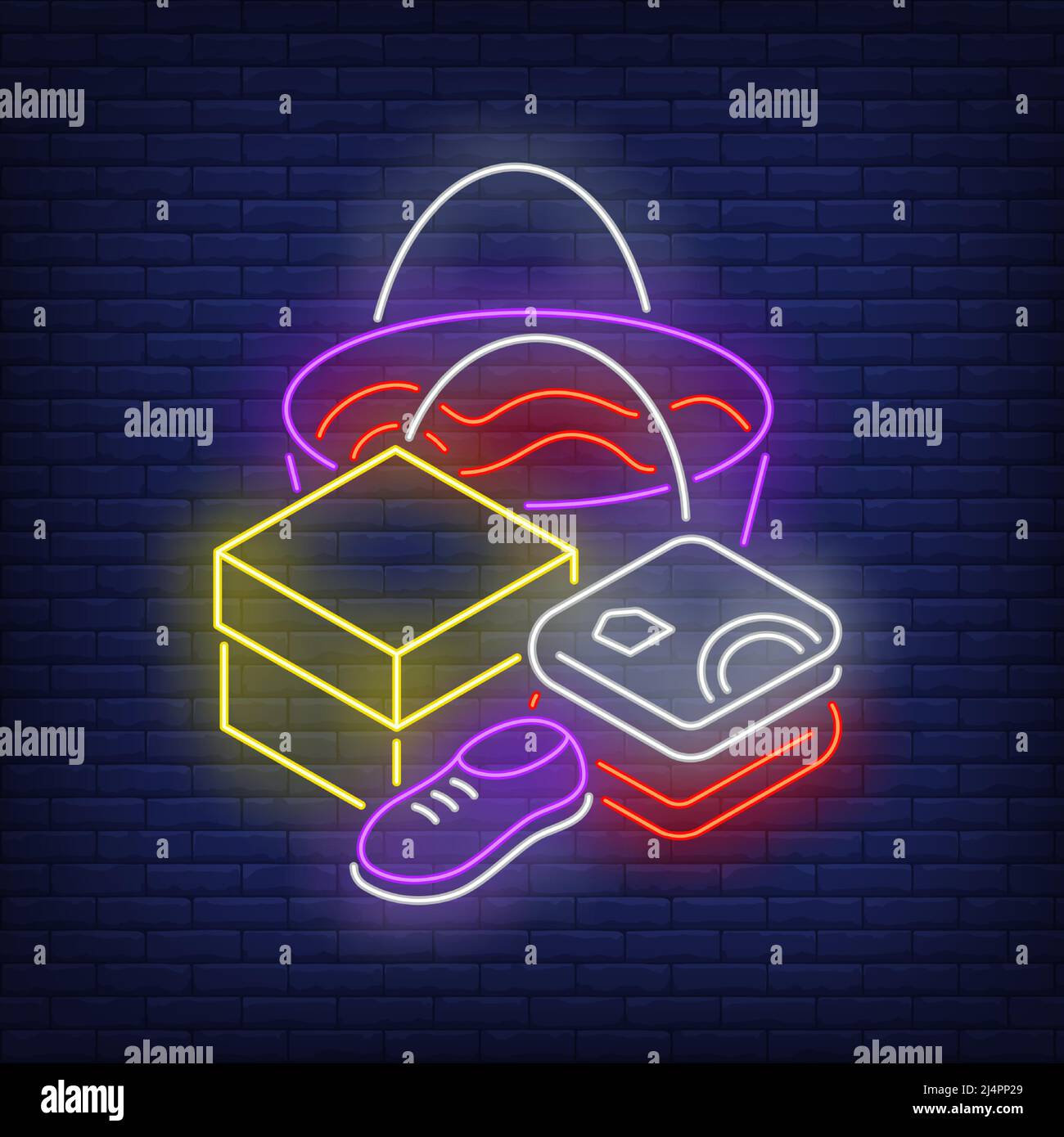 Folded clothes, shoe, box and shopping bag neon sign. Retail, marketing ...