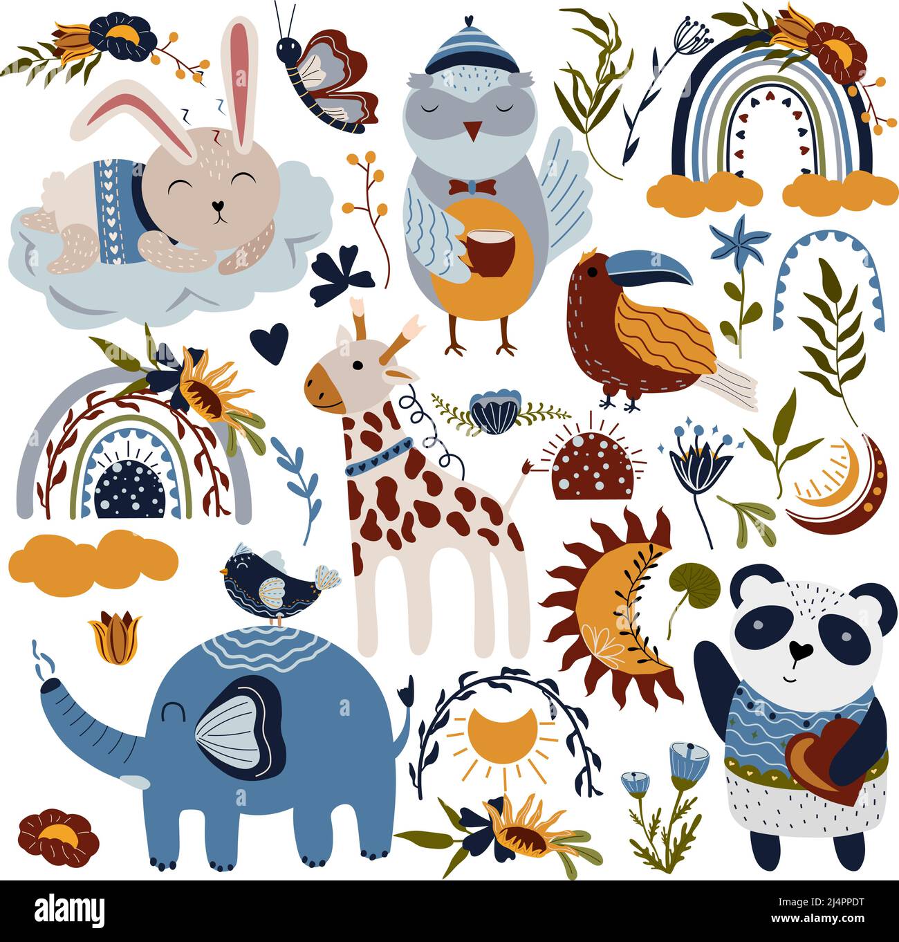 Boho animals, moon, rainbow, flowers. Collection of mystical elements ...