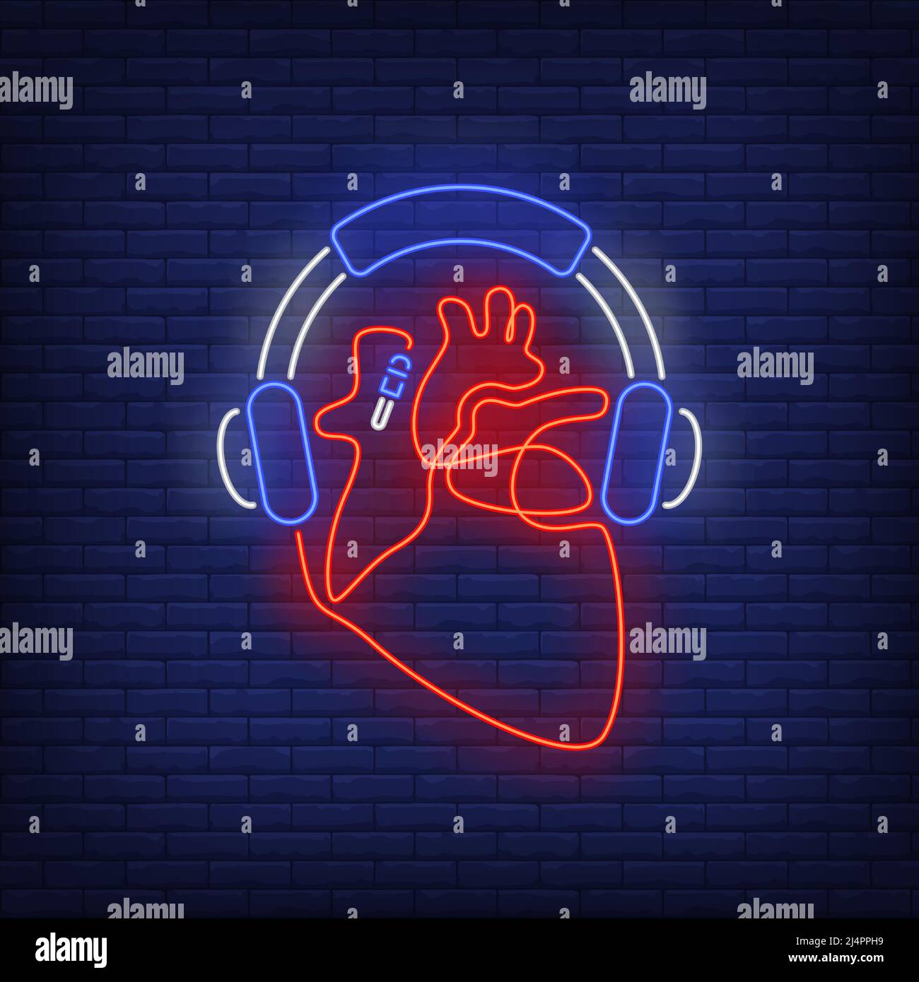 Headphones and heart made of cable neon sign. Music, sound, device ...