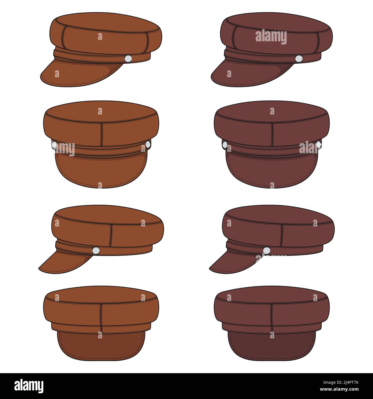 Set of color illustrations with brown peaked cap, forage cap. Isolated ...