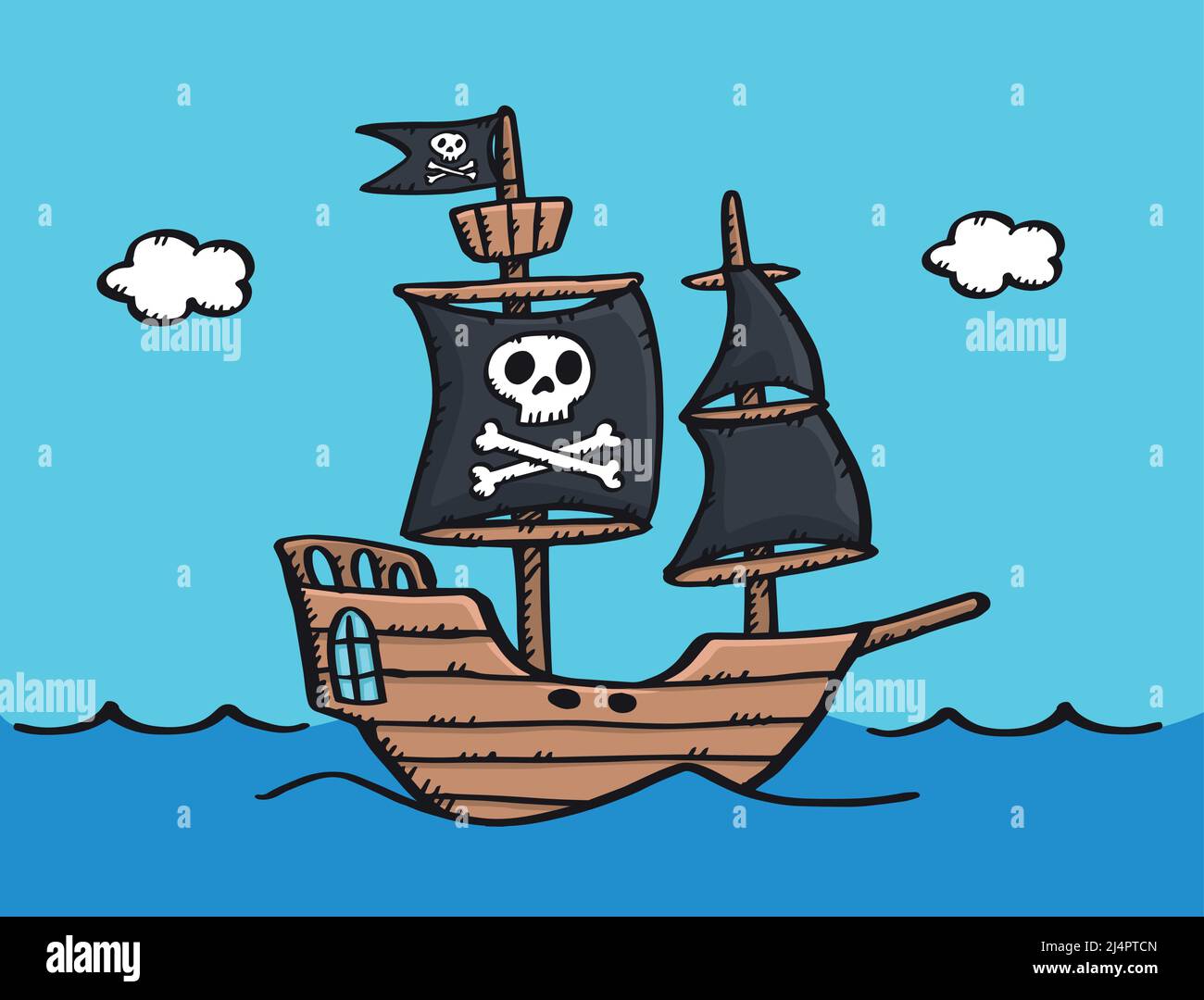 Colorful doodle of sailing pirate ship. Hand drawn vector illustration ...
