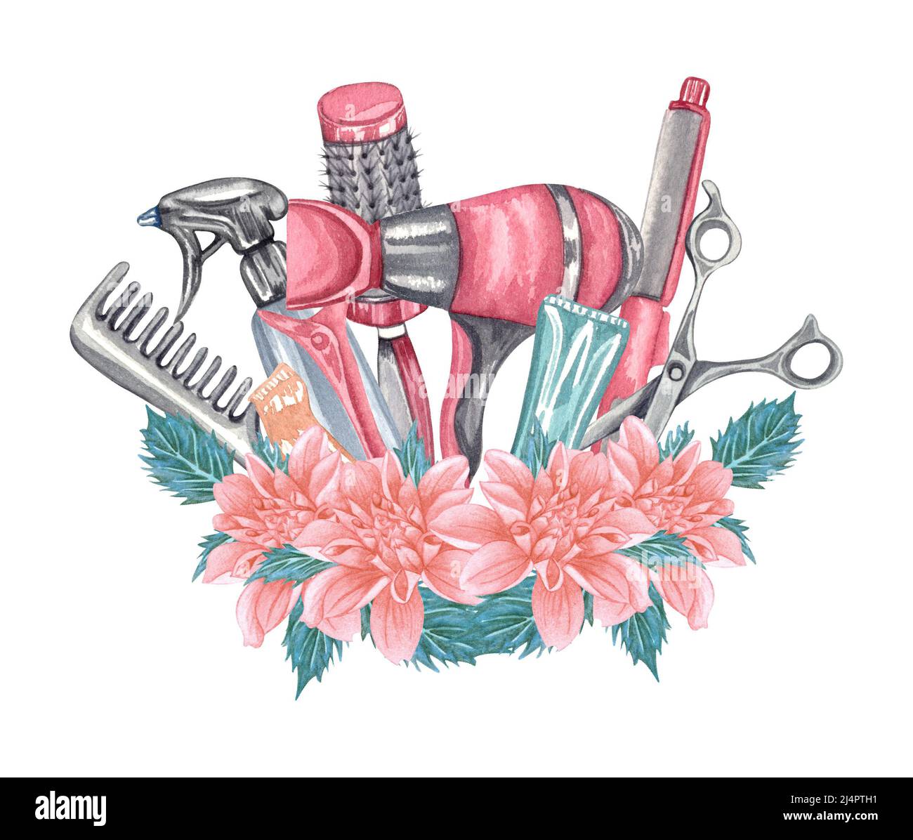 Watercolor Hairdressing illustration. Barber shop set. Hand-drawn ...