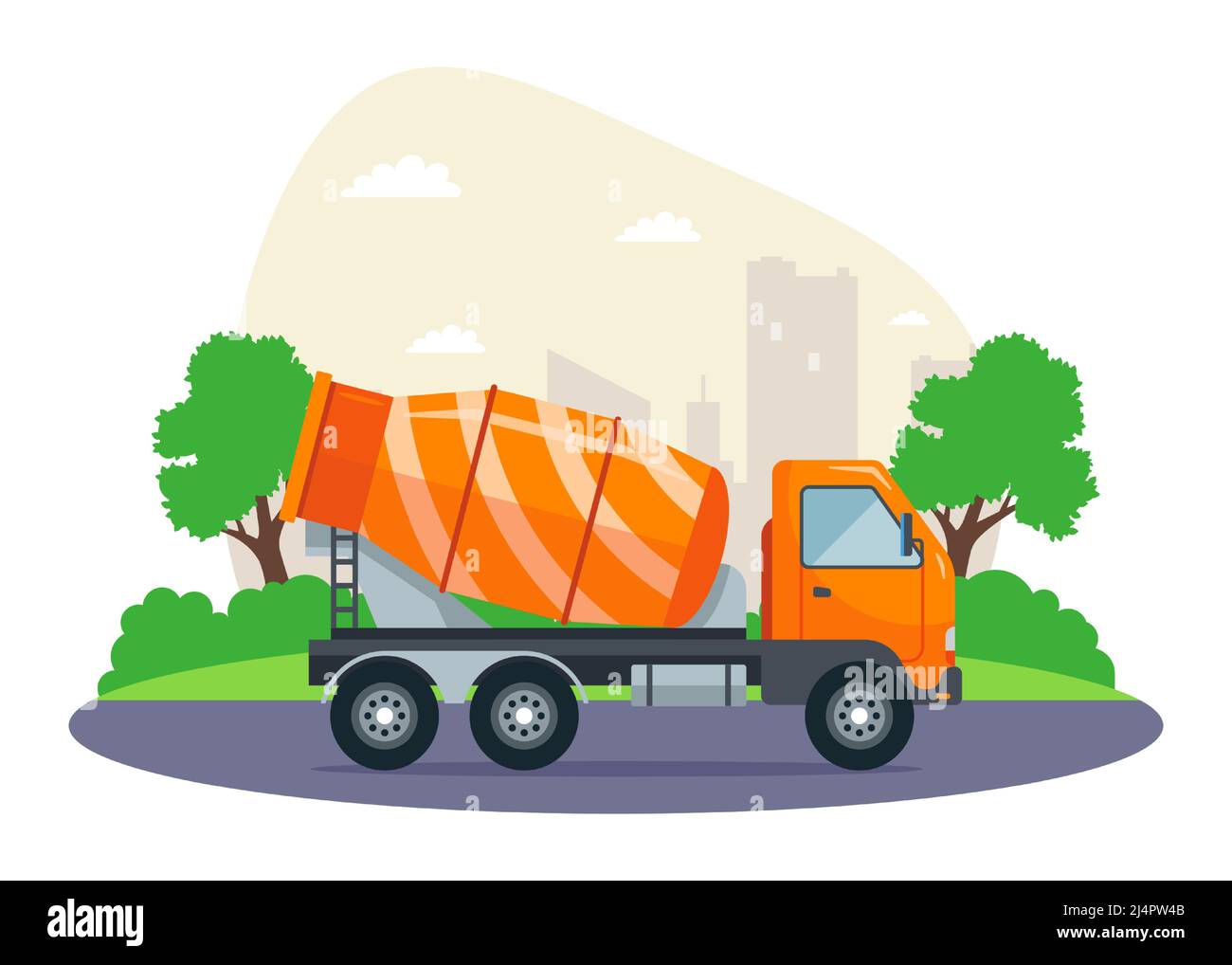 orange concrete mixer rides on the road to the construction site. flat ...