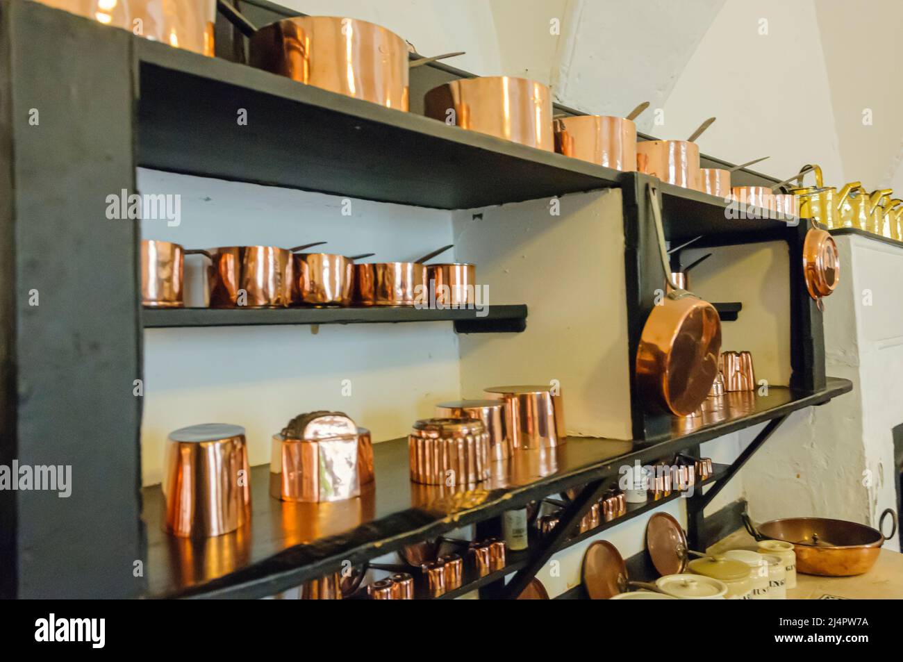 Copper cooking pots on shelves in a kitchen Stock Photo - Alamy