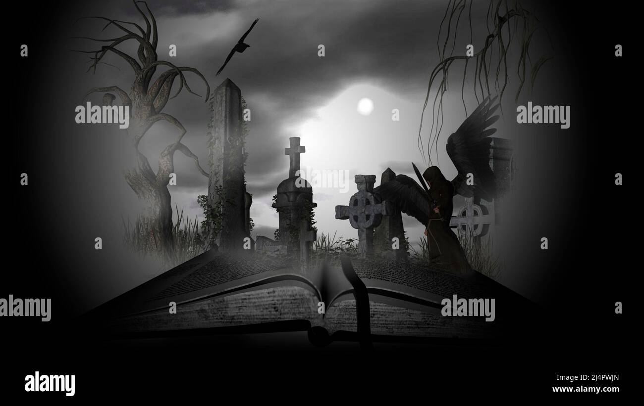 Open storybook with horror story coming alive - 3d rendering Stock ...