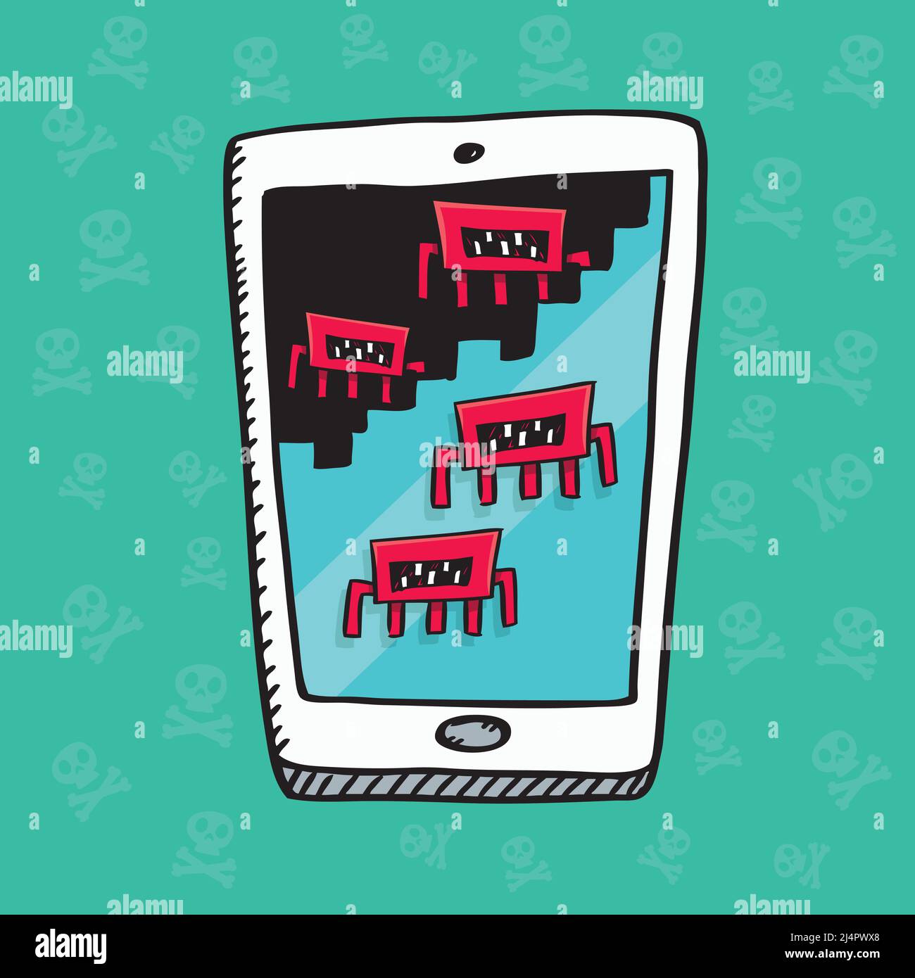 Hand drawn illustration of a mobile phone attacked by viruses erasing ...