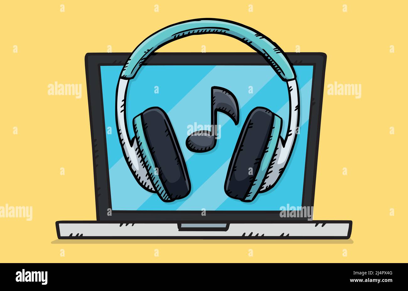 Vector illustration of a laptop with headphones and note icon on screen ...