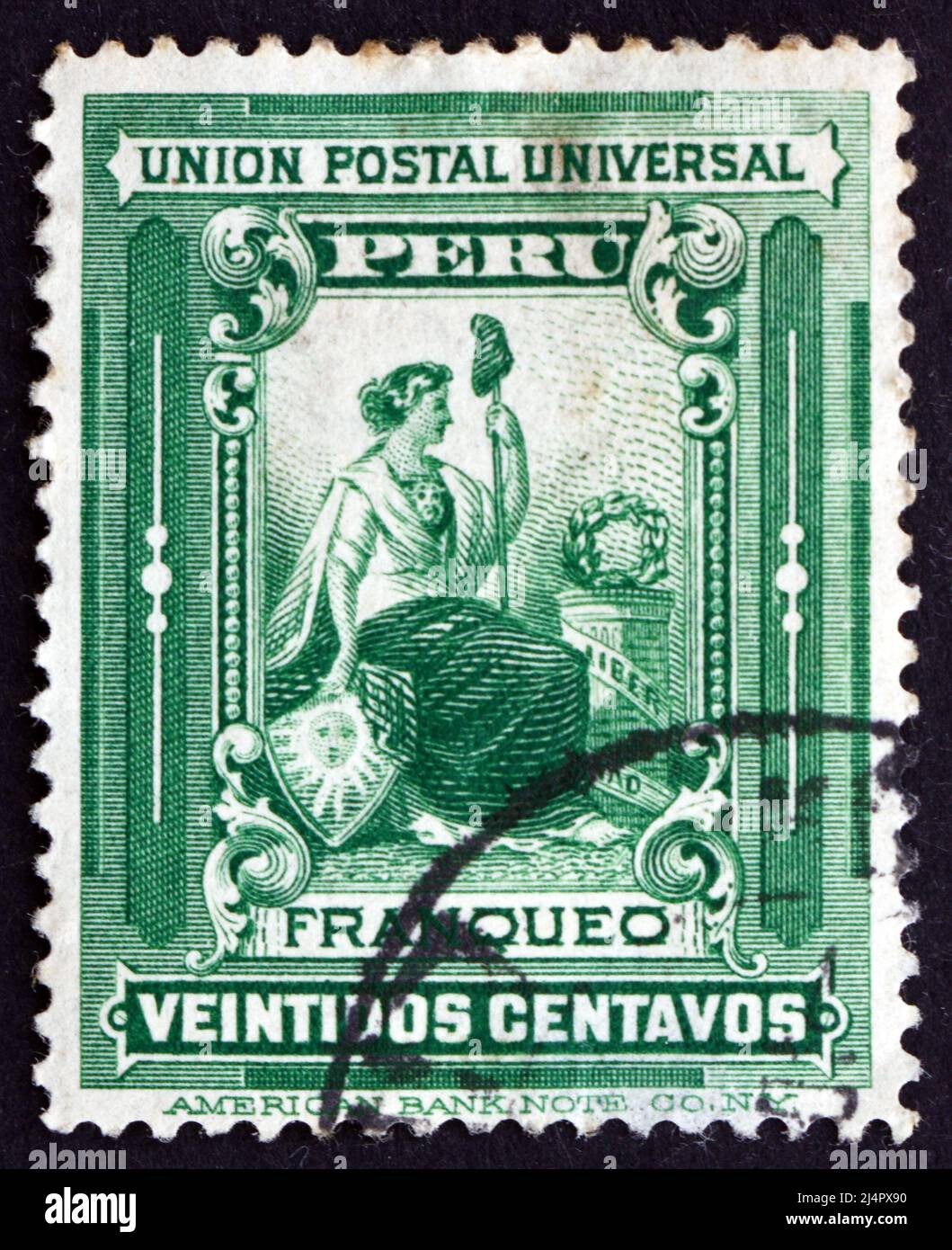 PERU - CIRCA 1902: a stamp printed in the Peru shows Liberty, Allegory ...