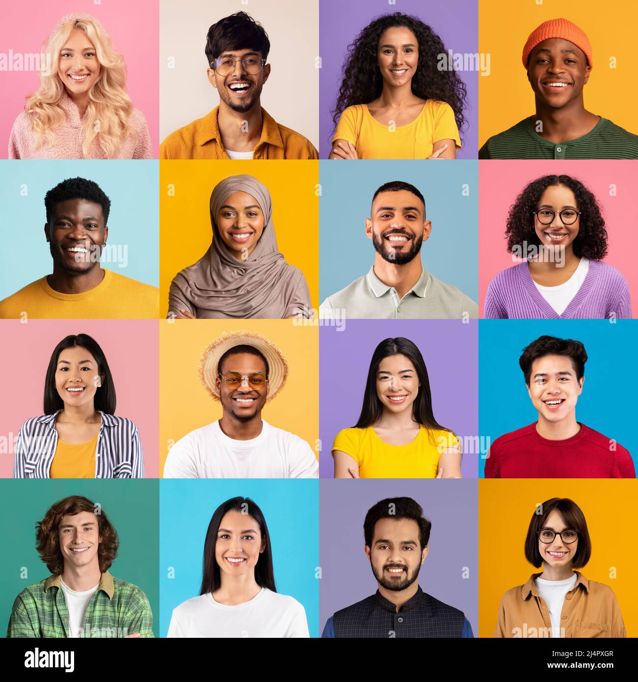 Mosaic of closeup photos of smiling young people different ...