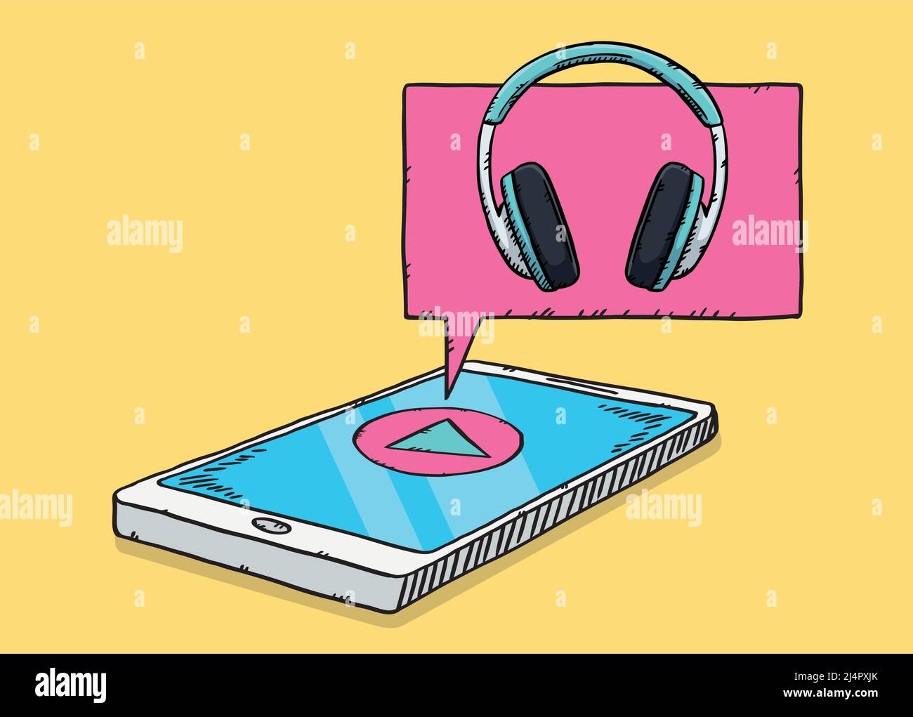 Vector illustration of a smartphone with a music app on the screen and ...