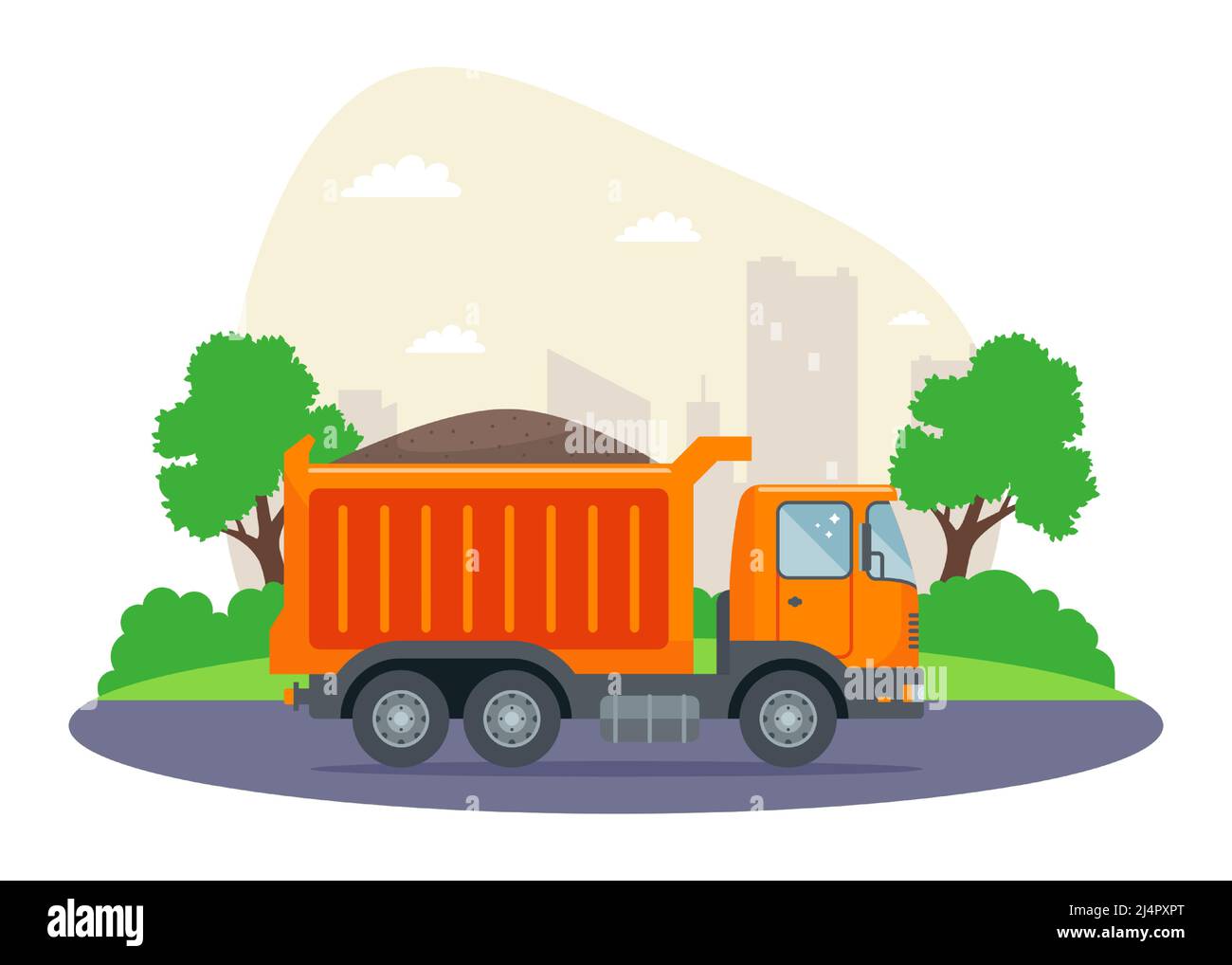 orange truck with sand goes to the construction site. flat vector ...