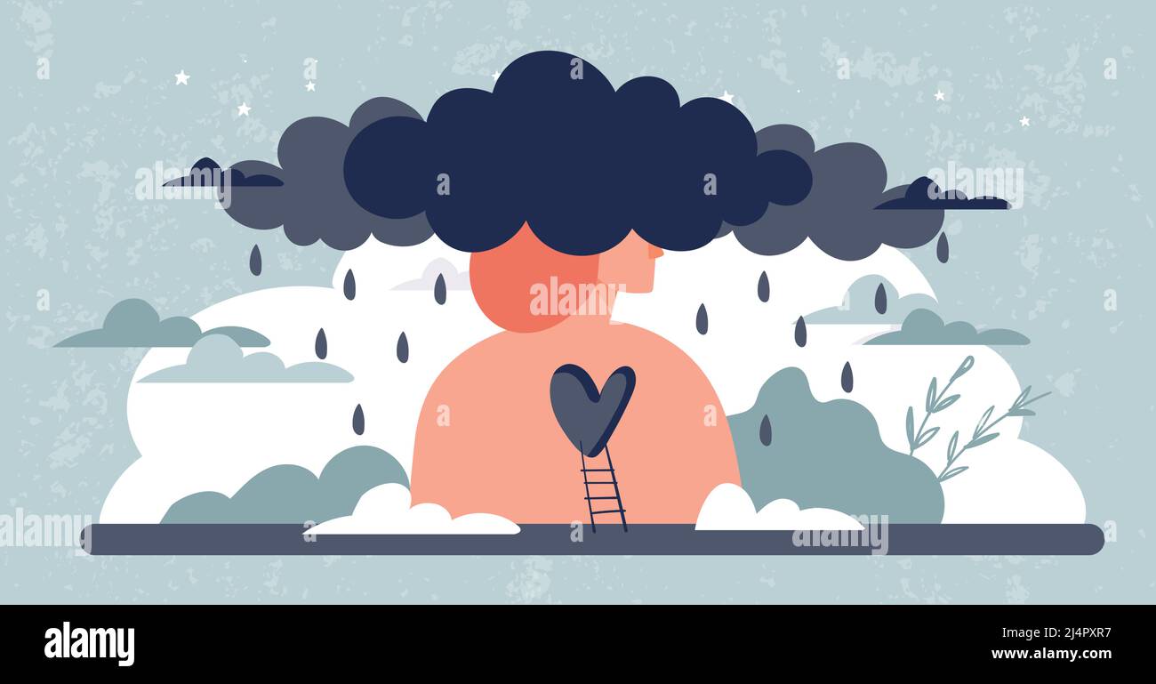 Psychology art concept, a cloud with rain over a person's head ...