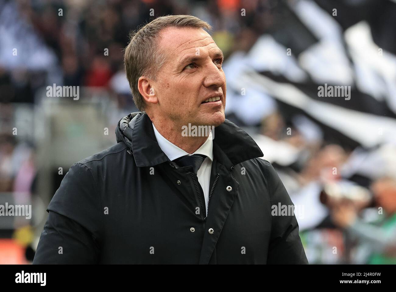Brendan Rogers manager of Leicester City looks up into the directors ...