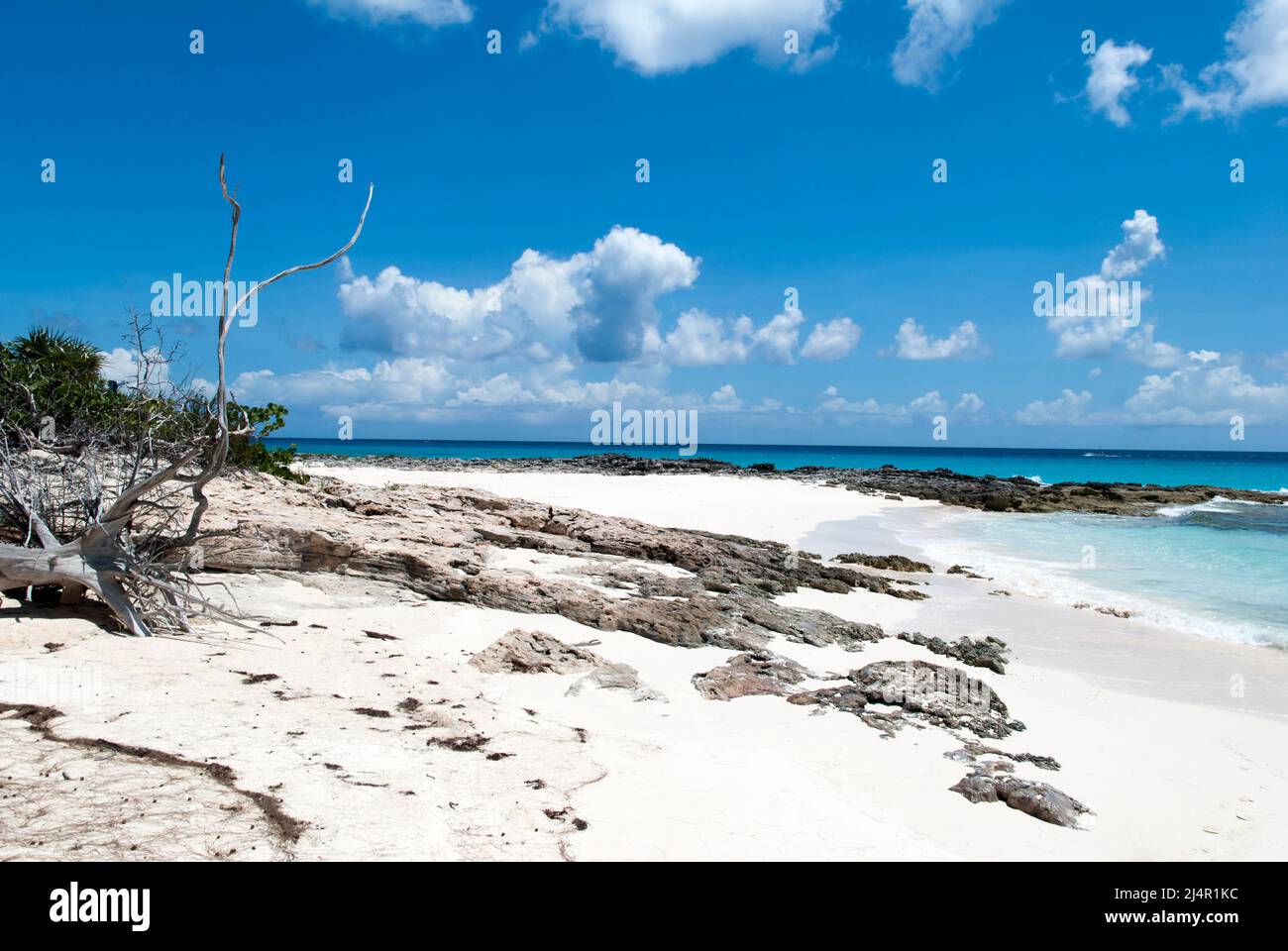The sandy and rocky beach landscape on Half Moon Cay uninhabited island ...