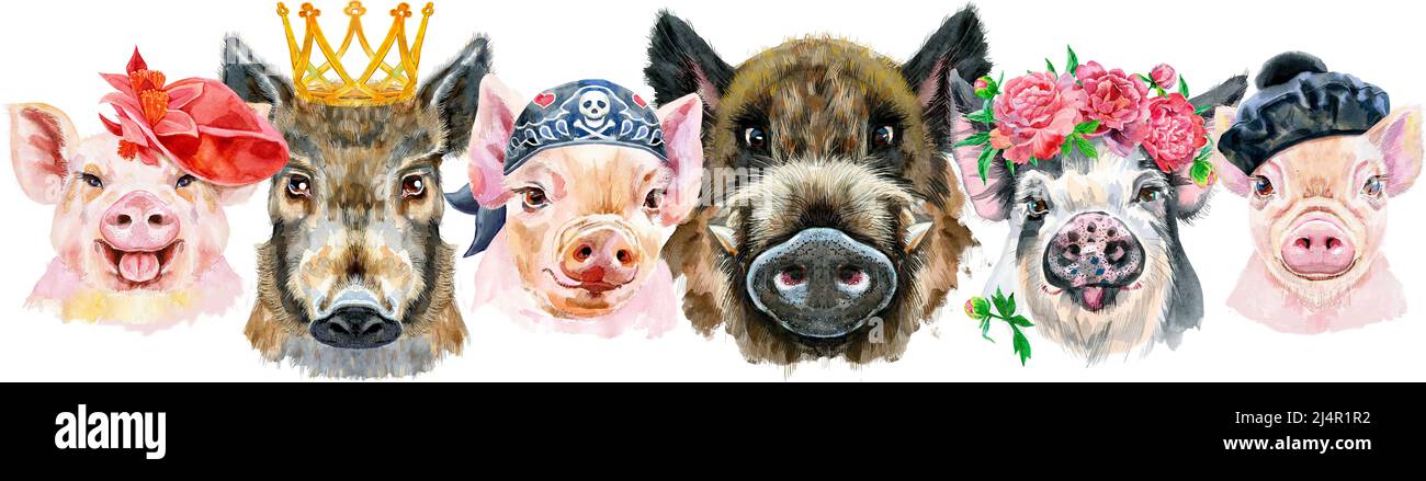 Cute border from watercolor portraits of pigs. Watercolor illustration ...