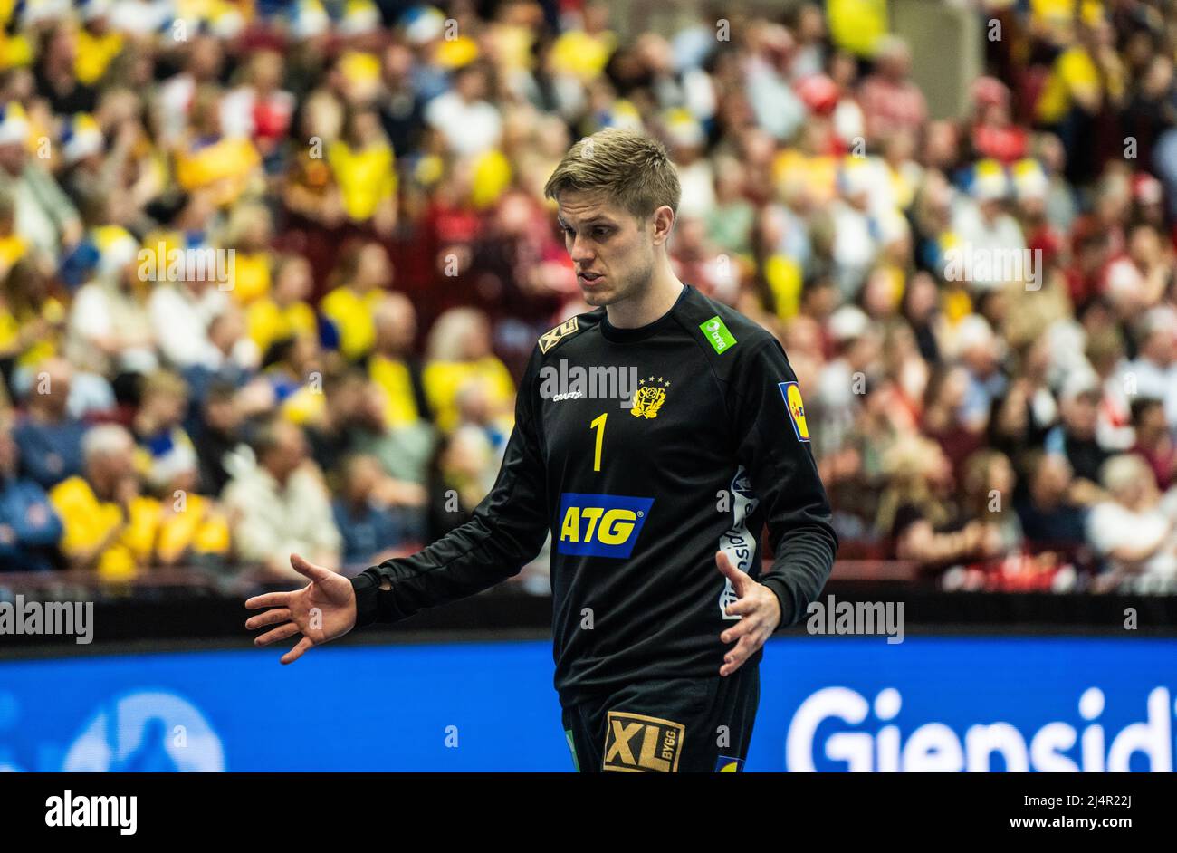 Malmoe, Sweden. 16th Apr, 2022. Peter Johannesson (1) of Sweden seen ...