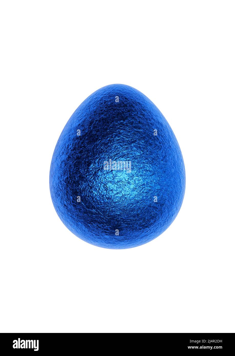 Chocolate easter egg with shiny blue foil on white background. Close-up ...