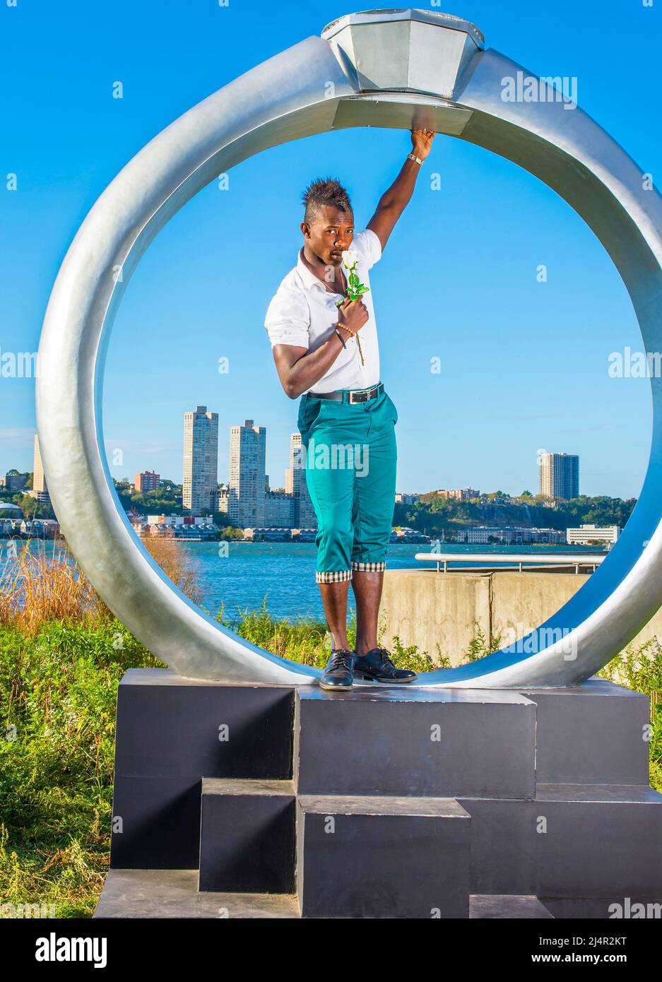 Man Missing You. Dressing in white shirt, green pants, leather shoes ...