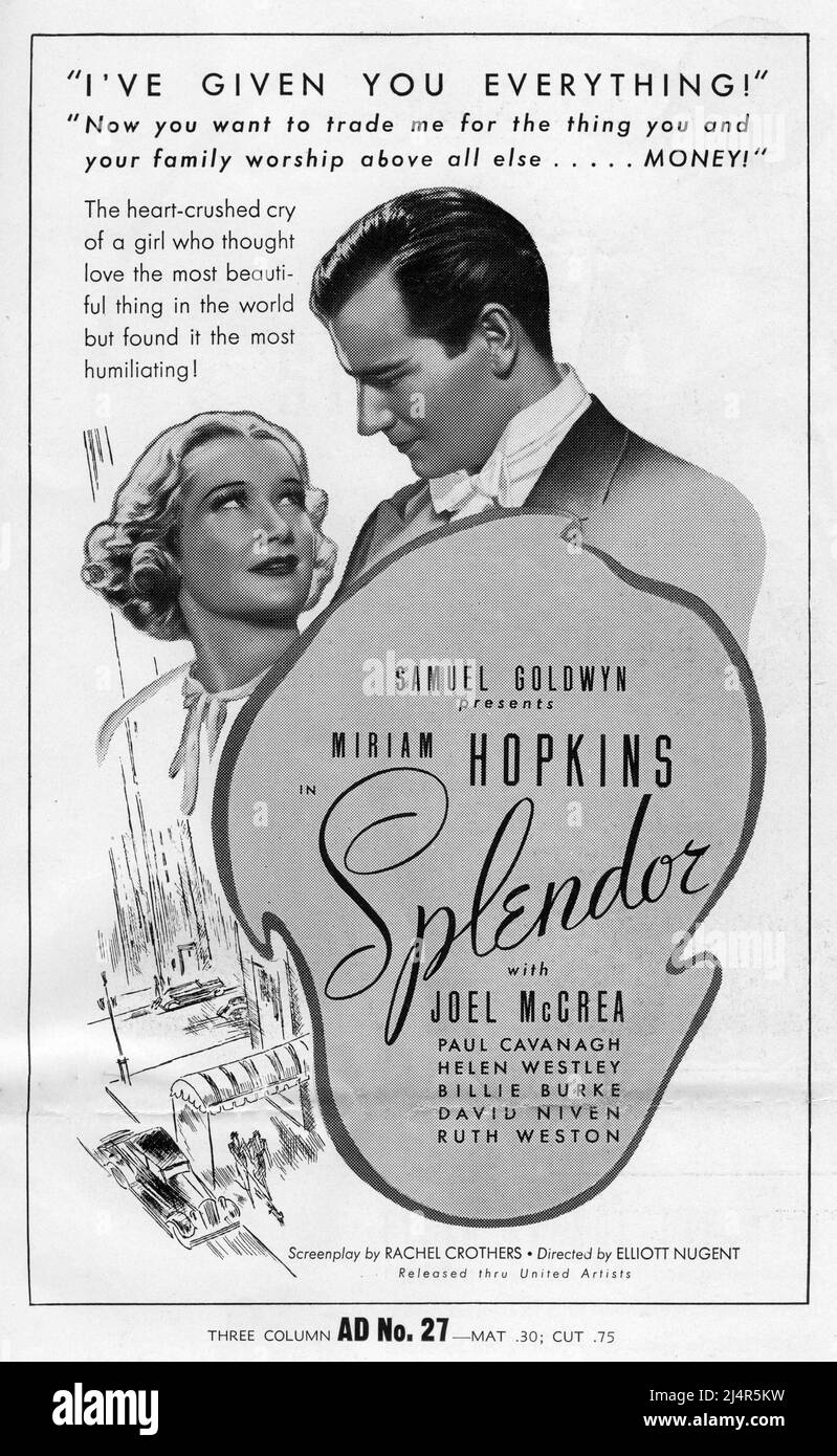 MIRIAM HOPKINS and JOEL McCREA in SPLENDOR 1935 director ELLIOTT NUGENT play / screenplay Rachel ...