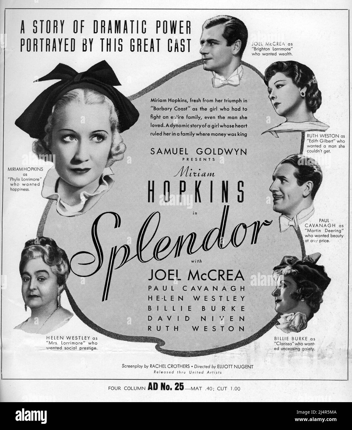 MIRIAM HOPKINS JOEL McCREA RUTH WESTON PAUL CAVANAGH BILLIE BURKE and HELEN WESTLEY in SPLENDOR ...