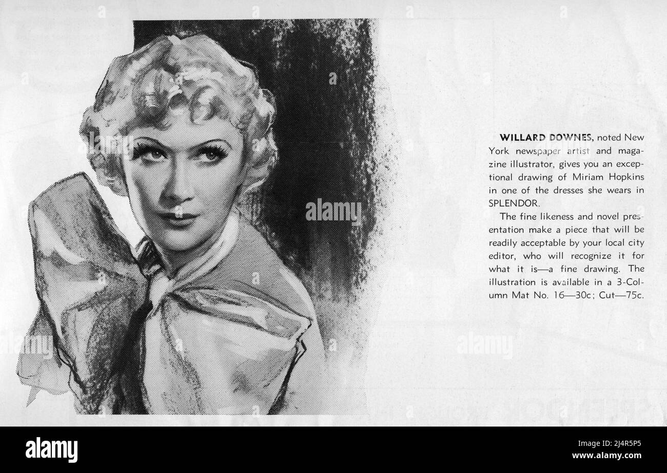 Artwork by Willard Downes of MIRIAM HOPKINS in SPLENDOR 1935 director ...