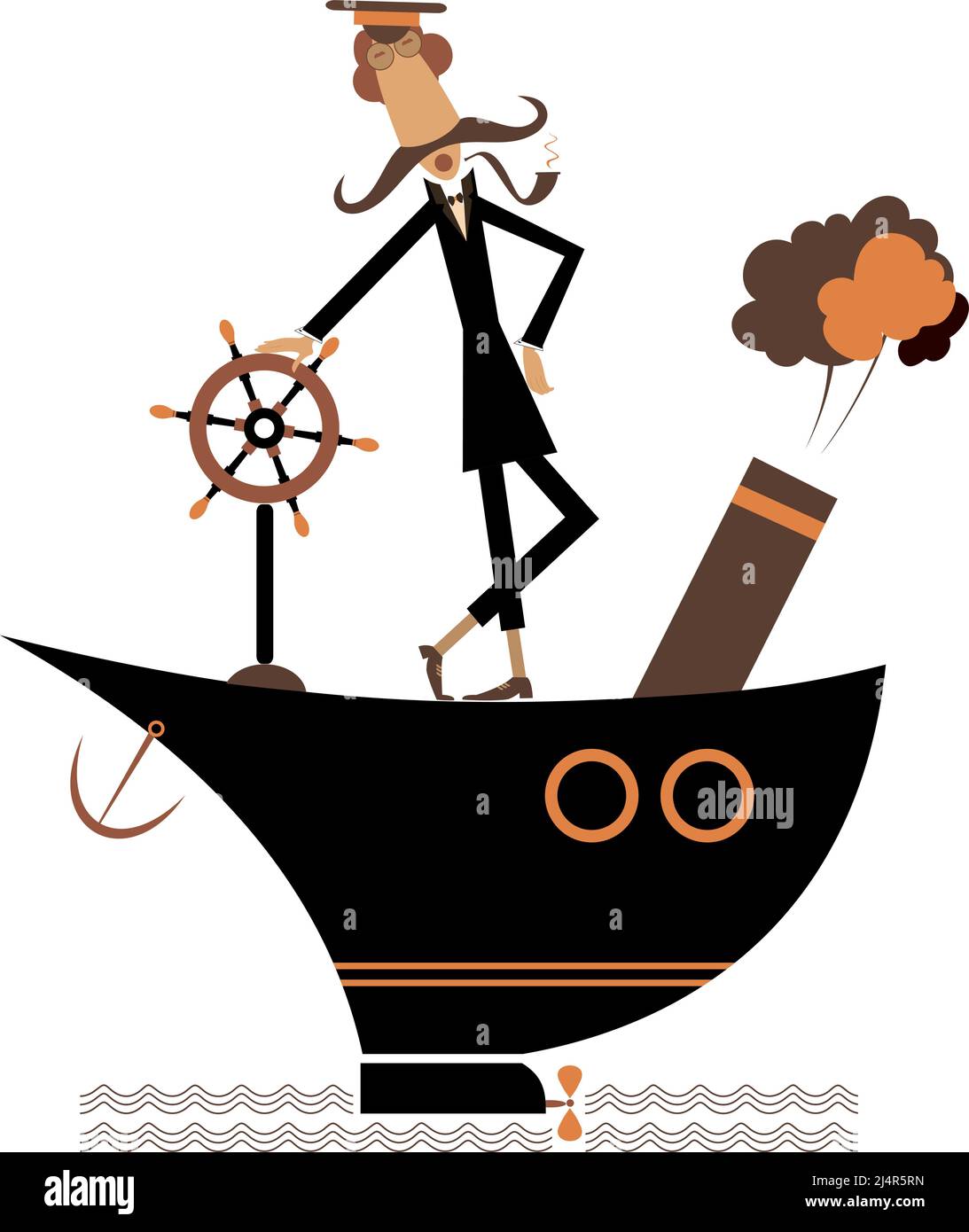 Cartoon mustache captain of the ship. Brave captain with a pipe ...