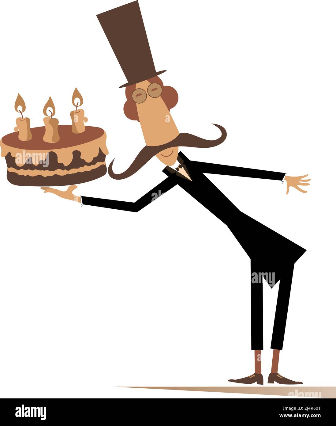 Cartoon man holds a cake with candles illustration. Funny long mustache ...