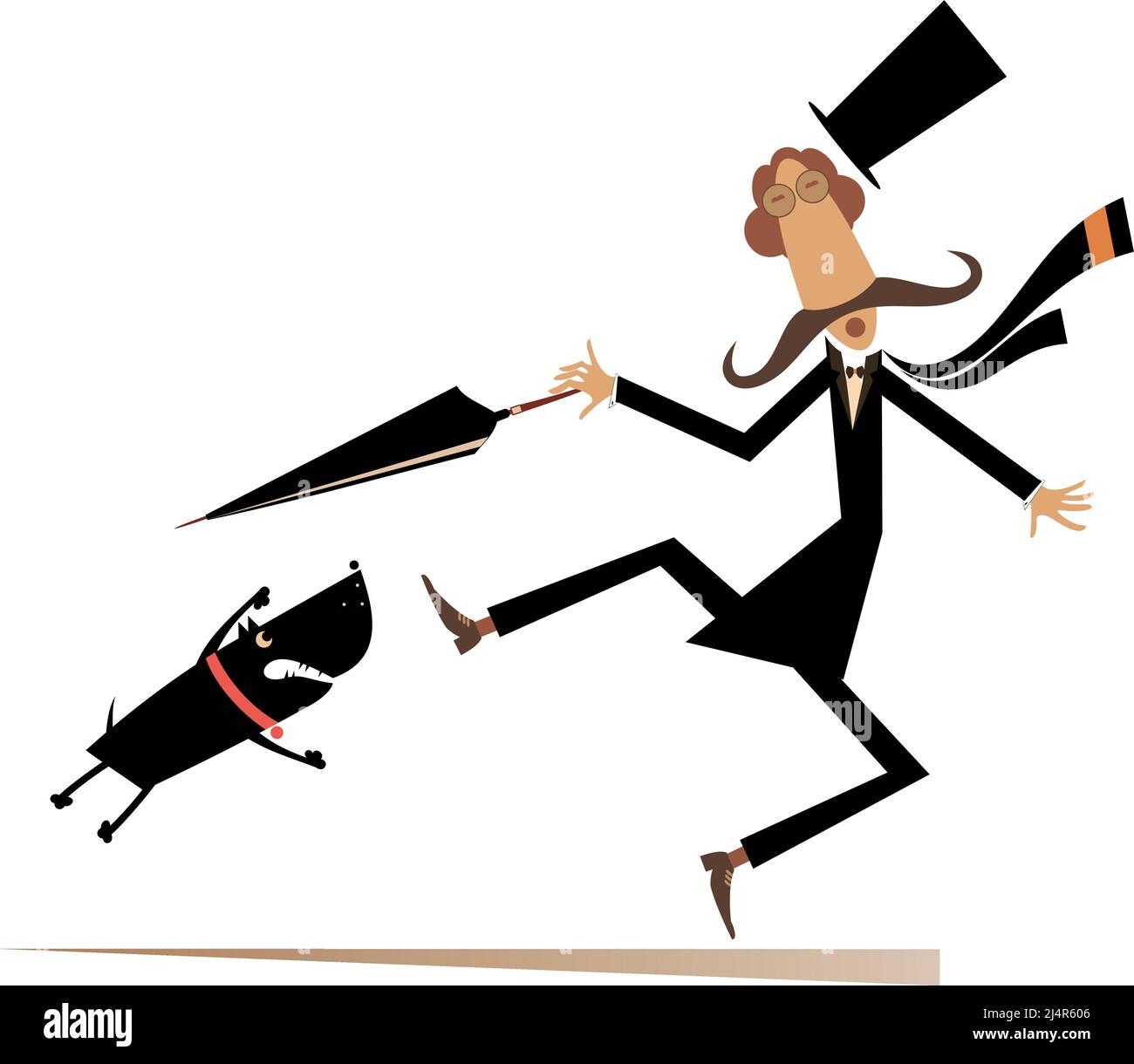 Cartoon aggressive dog and frightened man illustration. Mustache man in ...